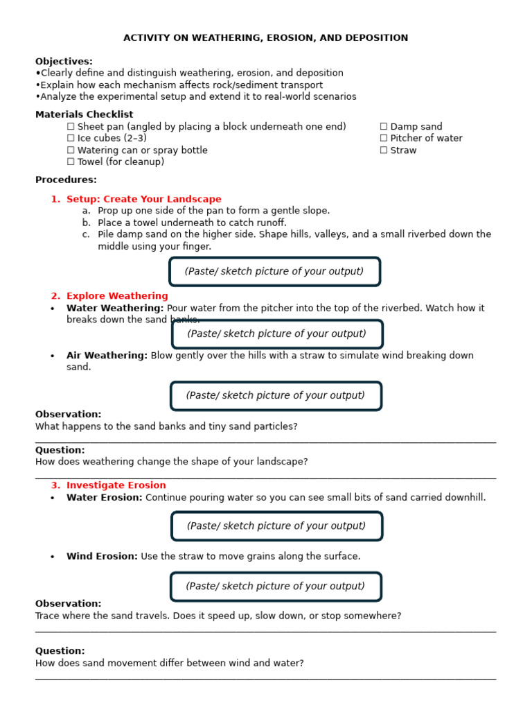 Activity For Weathering, Erosion and Deposition | PDF | Erosion | Glacier
