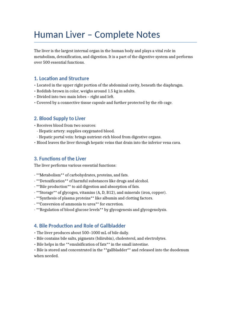 Human Liver: Essential Notes | PDF | Liver | Bile