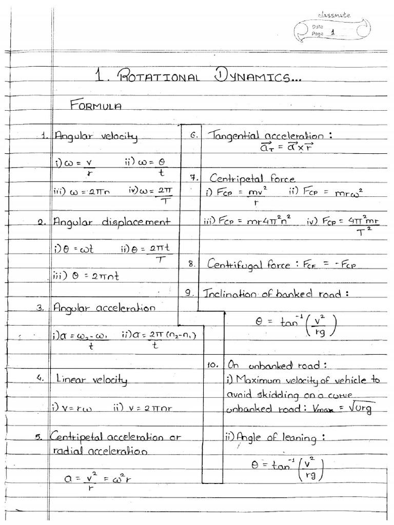 Physics 12th - 1 Rotational Dynamics - Imp Notes | PDF