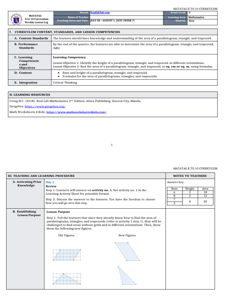 DLL Matatag - Mathematics 5 Q1 W7 | PDF | Area | Triangle