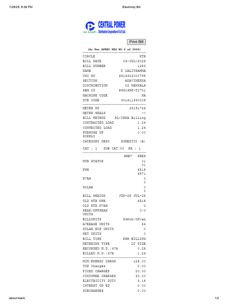 Electricity Bill for K Lalithamma | PDF | Renewable Resources ...