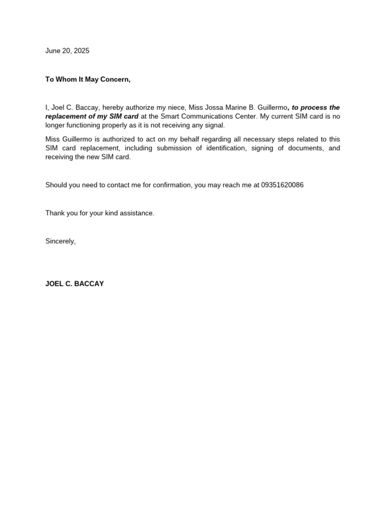 SIM Card Replacement Authorization Letter | PDF