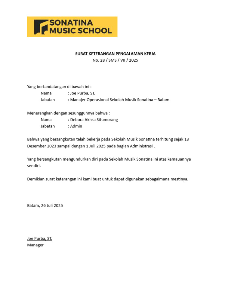 Surat Keterangan Pengalaman Kerja Debora | PDF