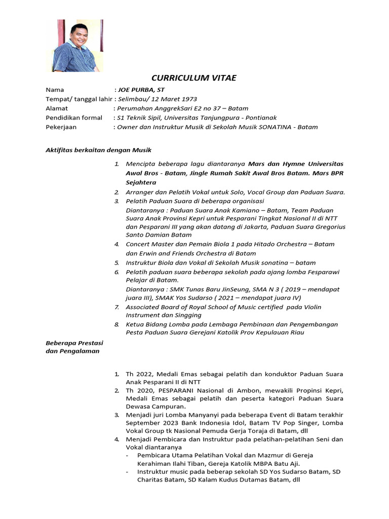 CV Joe Purba: Instruktur Musik dan Prestasi | PDF