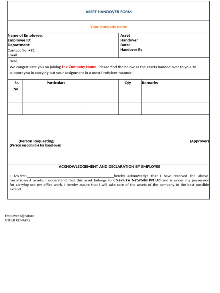 Company Asset Handover Form | PDF