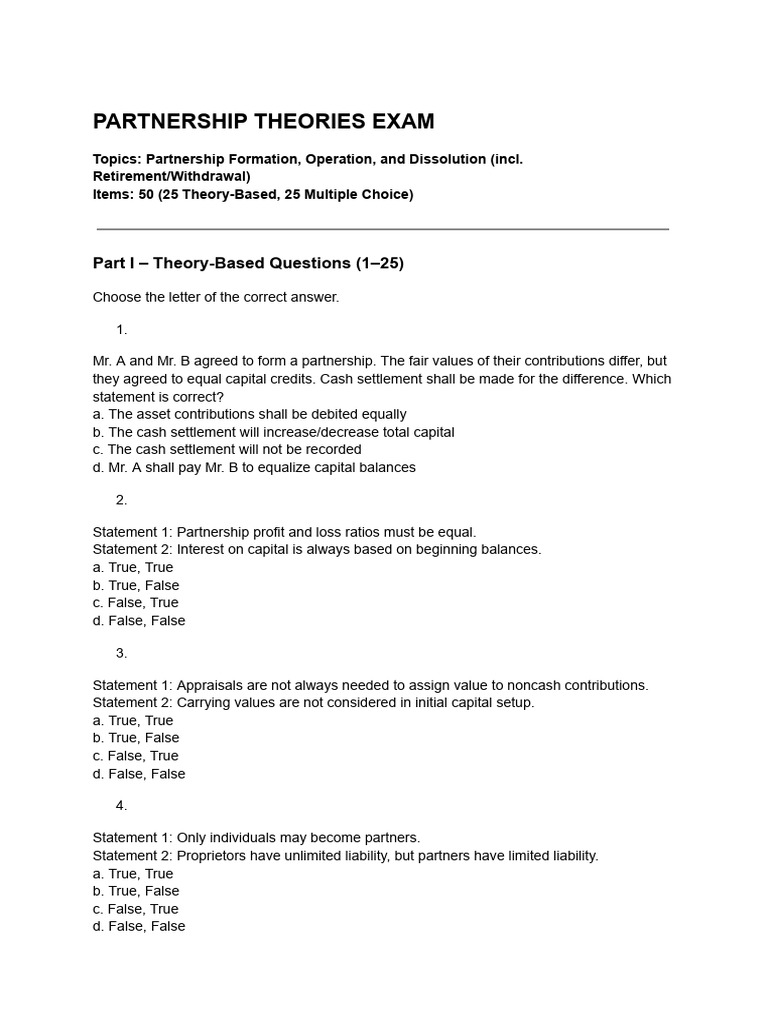 Partnership Theories Exam Guide | PDF | Goodwill (Accounting) | Partnership