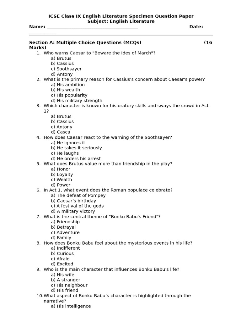 Class IX English Literature Specimen Paper | PDF | Julius Caesar | Mark ...