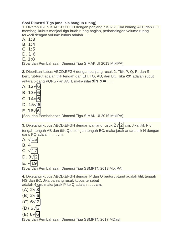Soal Dimensi Tiga untuk Kelas 12 | PDF