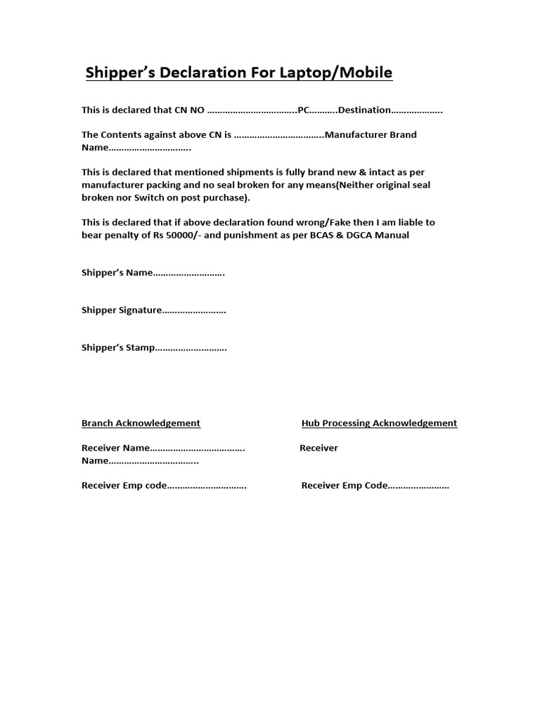 Shipper Declaration | PDF