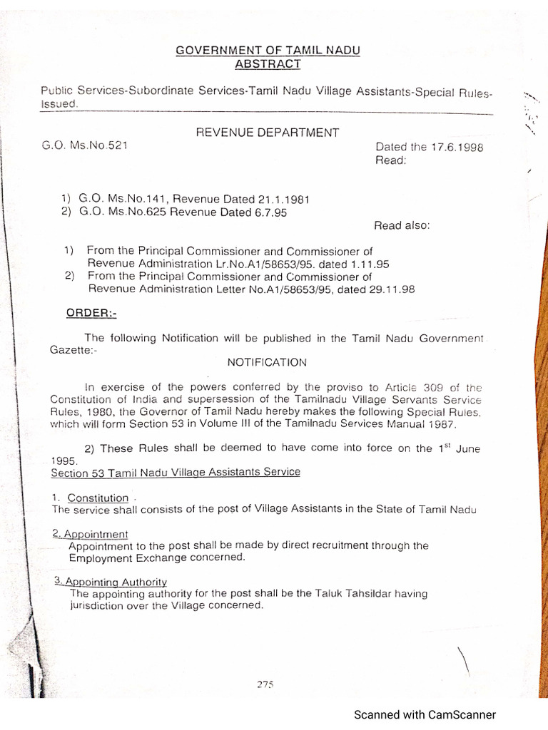 Village Assistant GO Ms 521 Revenue Department Special Rules | PDF