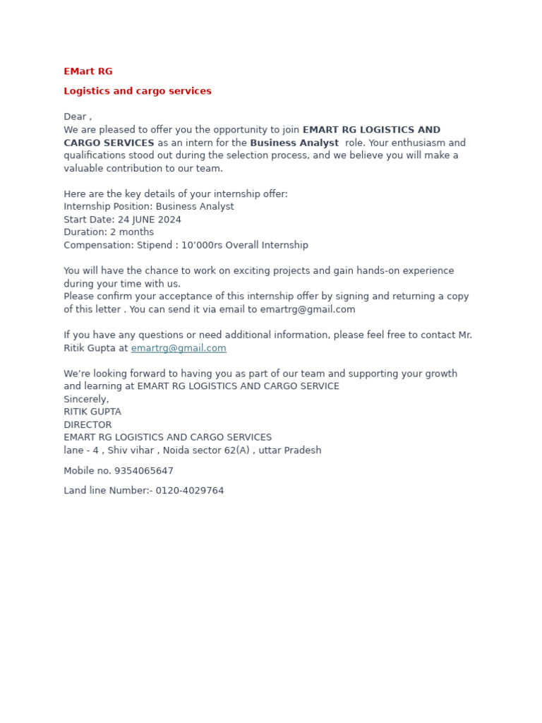 Emart RG Logistics and Cargo Services | PDF