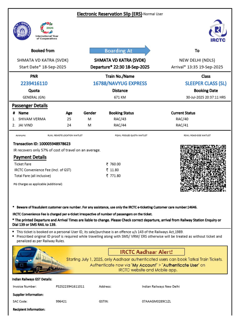 16788/navyug Express Sleeper Class (SL) | PDF | Identity Document ...