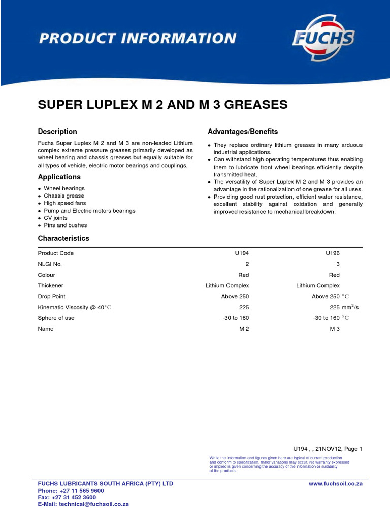 Super Luplex M2 and M3 Greases Overview | PDF | Mechanical Engineering
