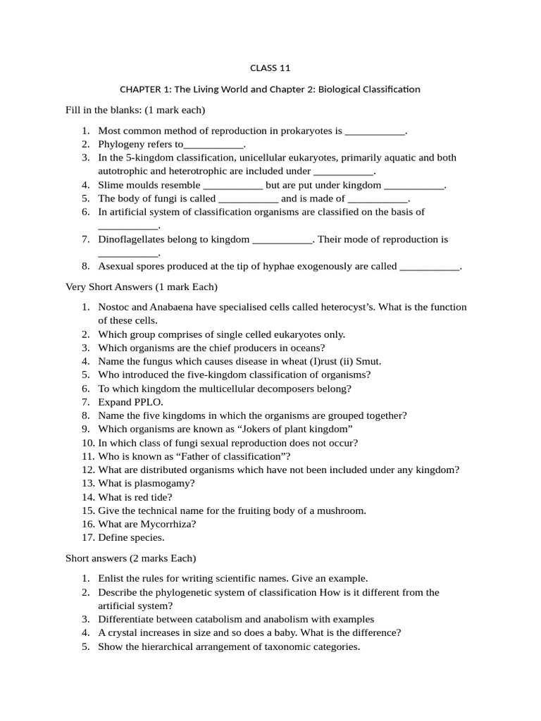 1st June Test Class 11 | PDF | Fungus | Biology