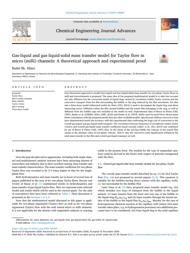 Gas Liquid and Gas Liquid Solid Mass Transfer Model For 2020 Chemical ...