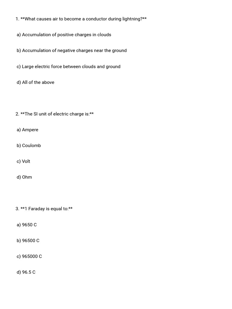 Electricity and Charge MCQs Guide | PDF | Electric Current | Volt