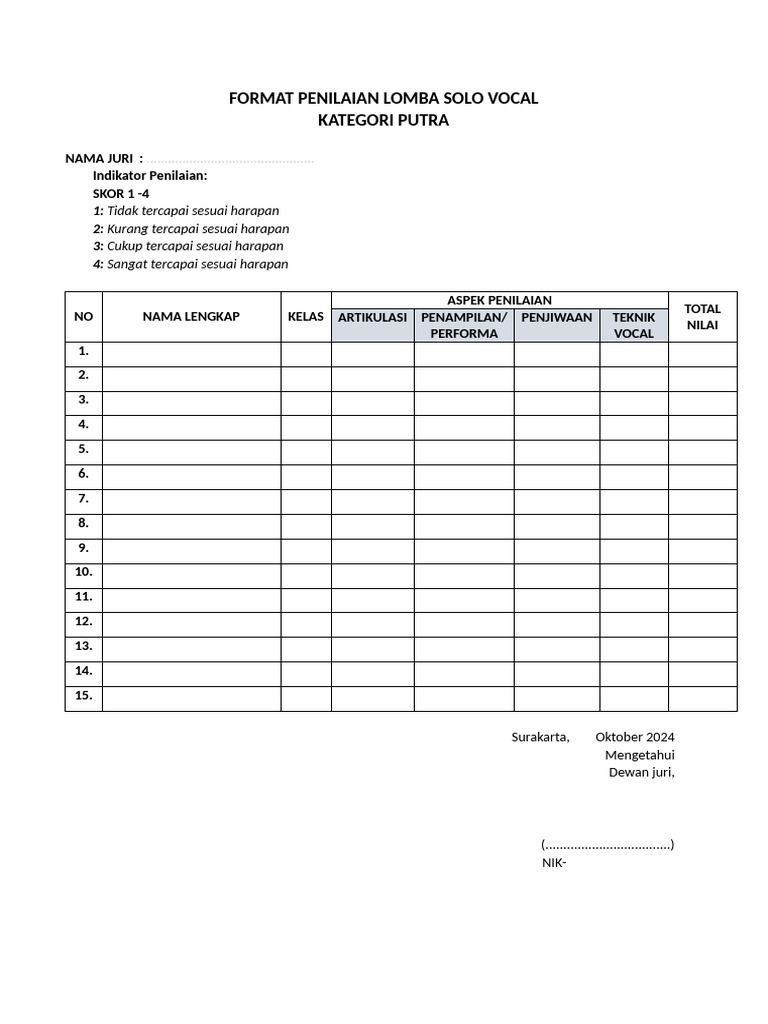 Format Penilaian Lomba Vokal Solo | PDF