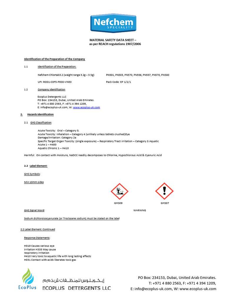 Nefchem Chlortab Safety Data Sheet | PDF | Toxicity | Chlorine