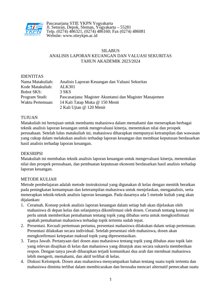 Silabus Analisis Laporan Keuangan Dan Valuasi Sekuritas 2024 | PDF