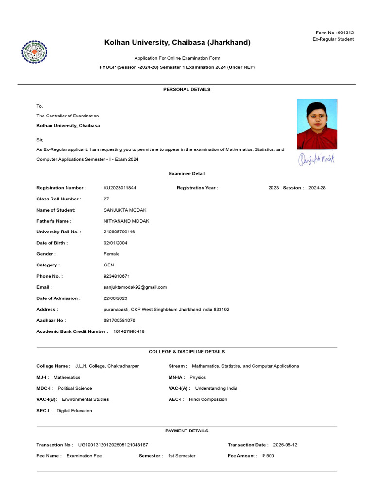 Kolhan University Exam Form Application | PDF