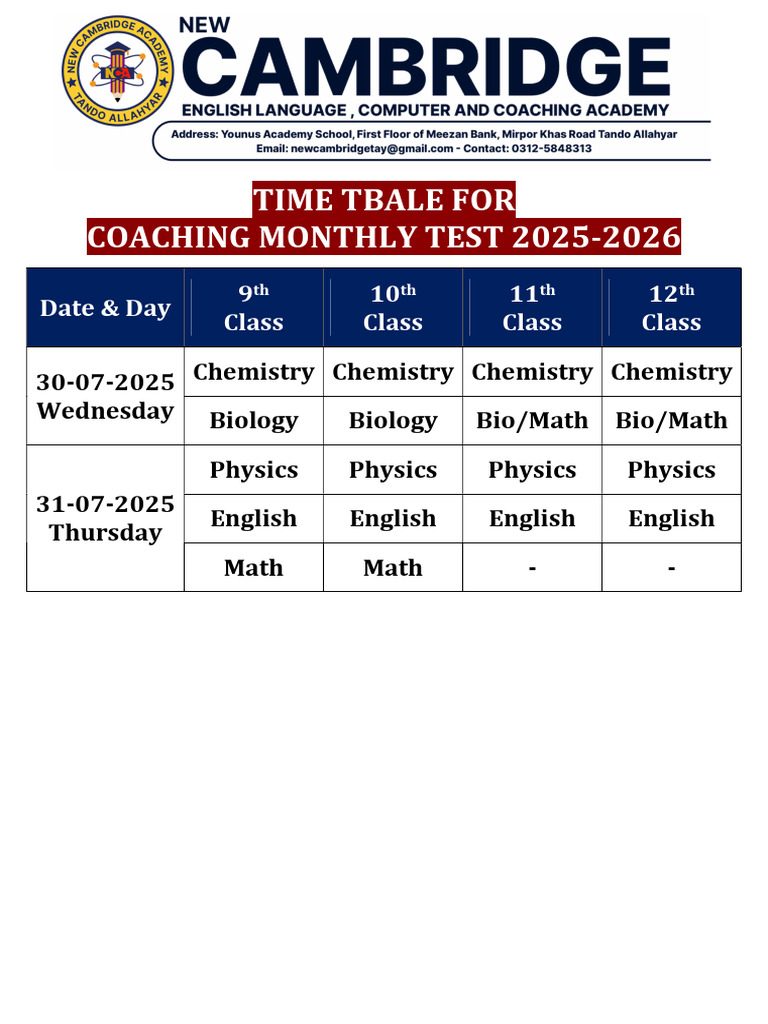 July Monthly Test Time Table | PDF