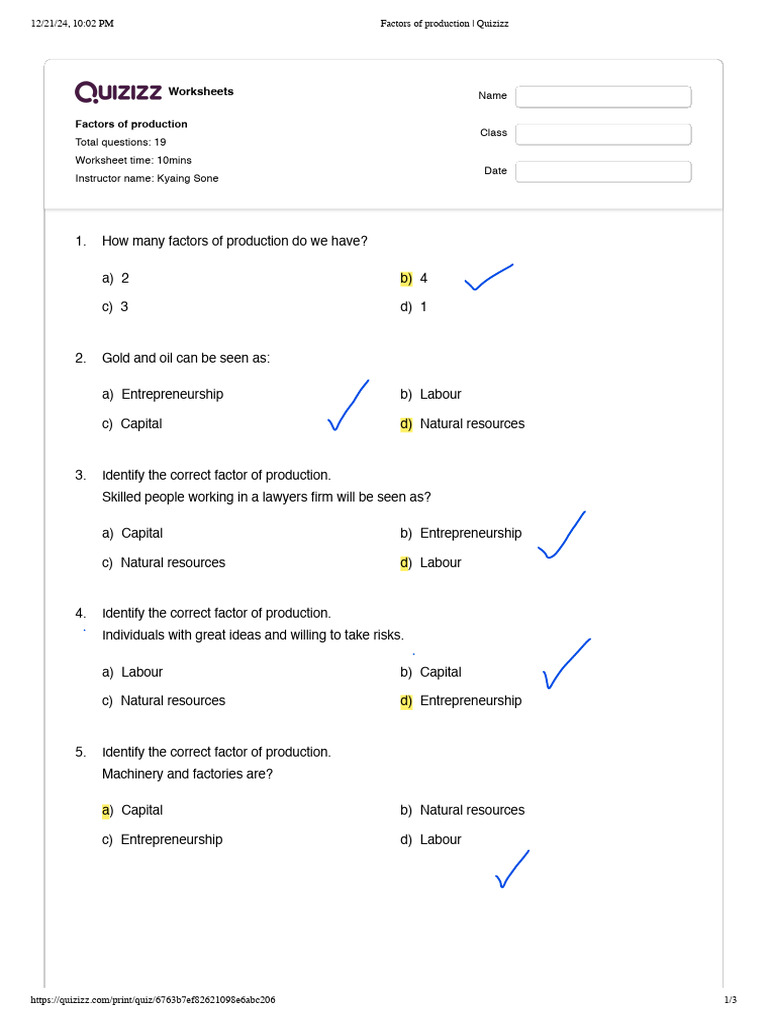 Factors of Production - Quizizz | PDF | Labour Economics | Factors Of ...