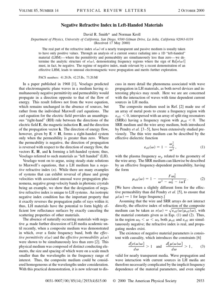 2000-Smith and Kroll-Negative Refractive Index in Left-Handed Materials ...