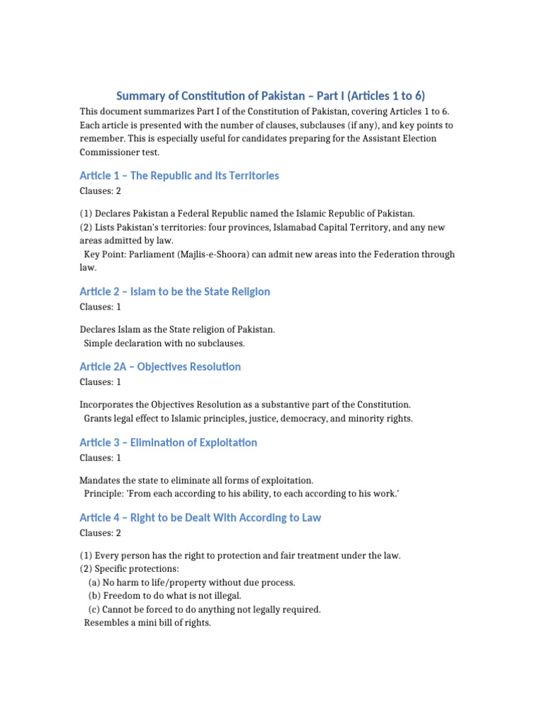 Summary of Pakistan's Constitution: Articles 1-6 | PDF | Treason ...
