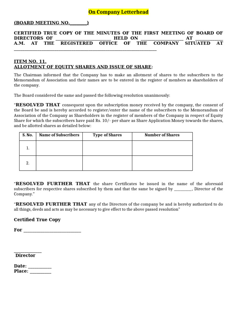 Board Resolution for Share Allotment | PDF