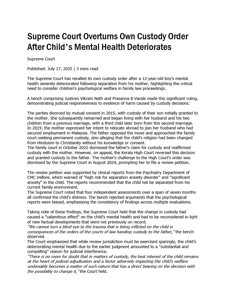 Supreme Court Reverses Custody Order | PDF | Child Custody | Supreme ...