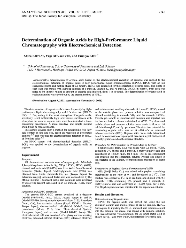 Determination of Organic Acids by HPLC With Electrochemical Detection | PDF