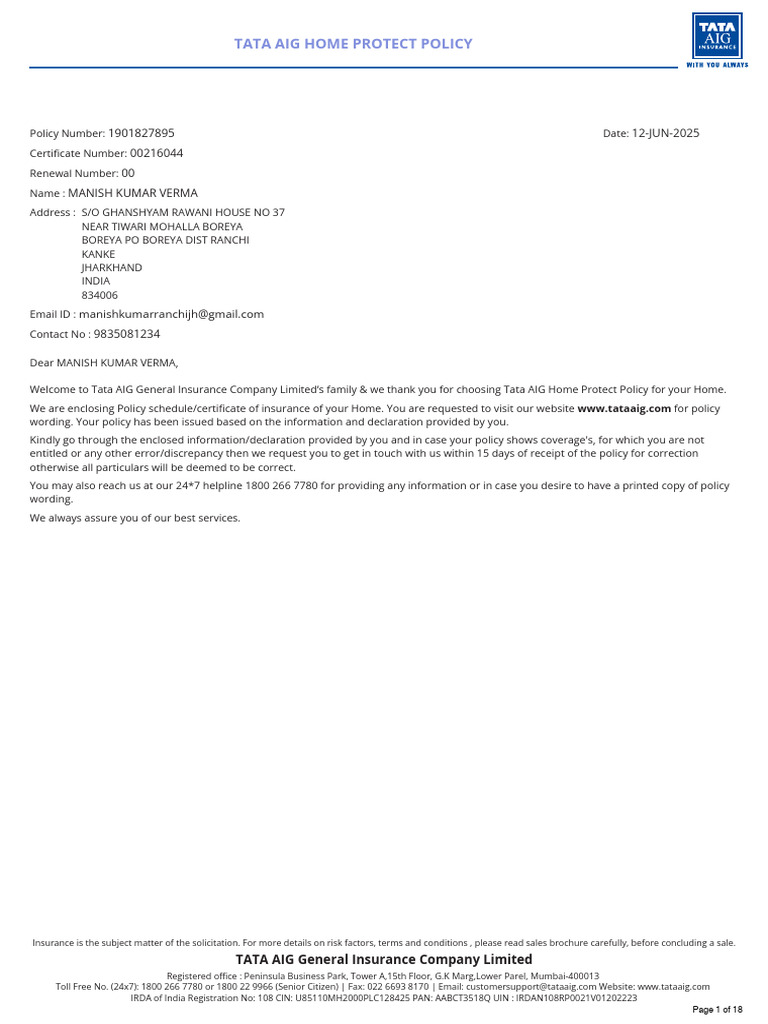 Tata Aig Home Protect Policy: 1901827895 12-JUN-2025 00216044 00 Manish ...
