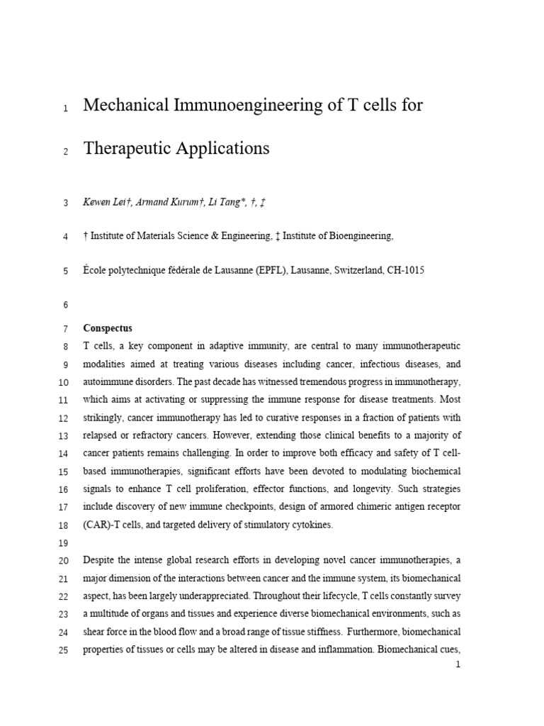 Mechanical Immunoengineering of T Cells | PDF | Immunotherapy | T Cell