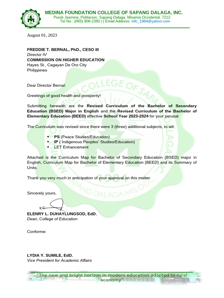 Transmittal Letter For Revised 2023 Curriculum | PDF