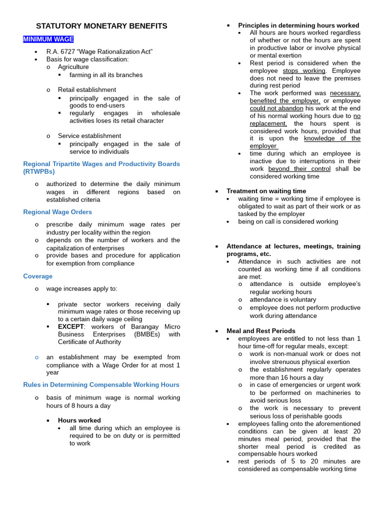Statutory Monetary Benefits | PDF | Overtime | Employment