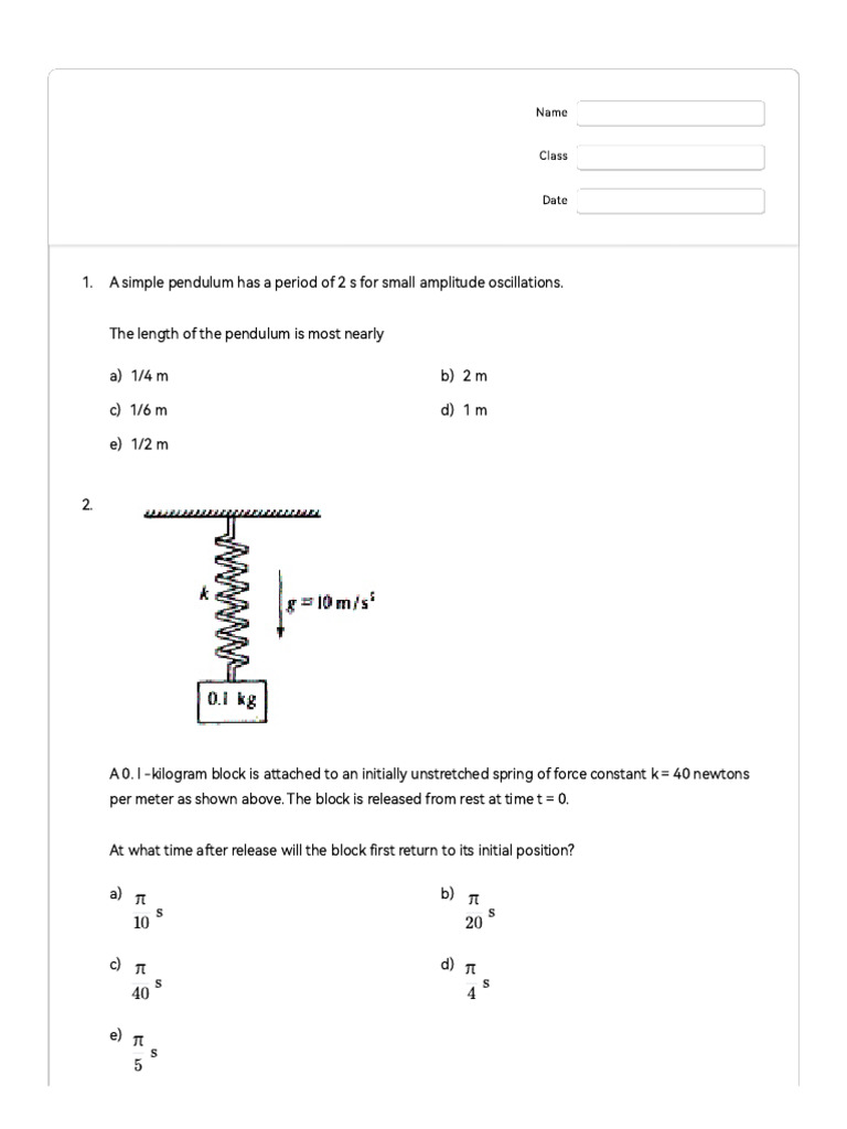 Simple Harmonic Motion Worksheets | PDF | Pendulum | Oscillation