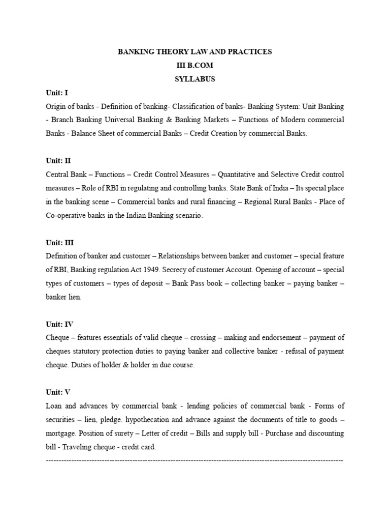 Banking Law and Practices Syllabus | PDF