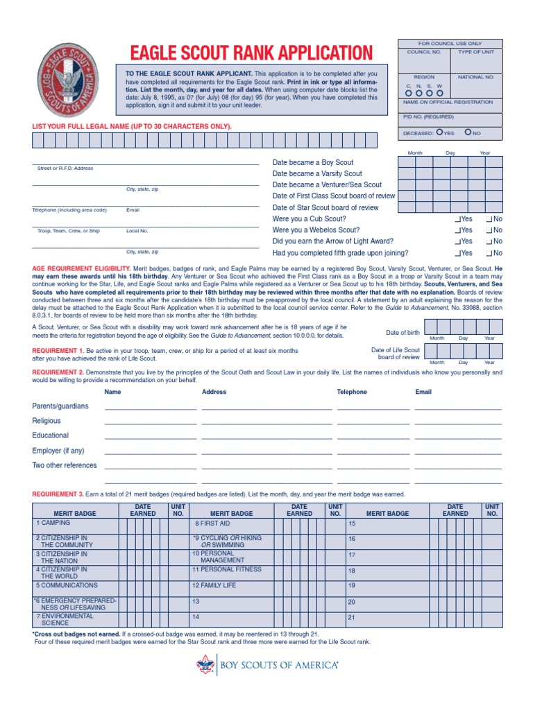 Eagle Scout Rank Application Form | PDF | Patriotic And National ...
