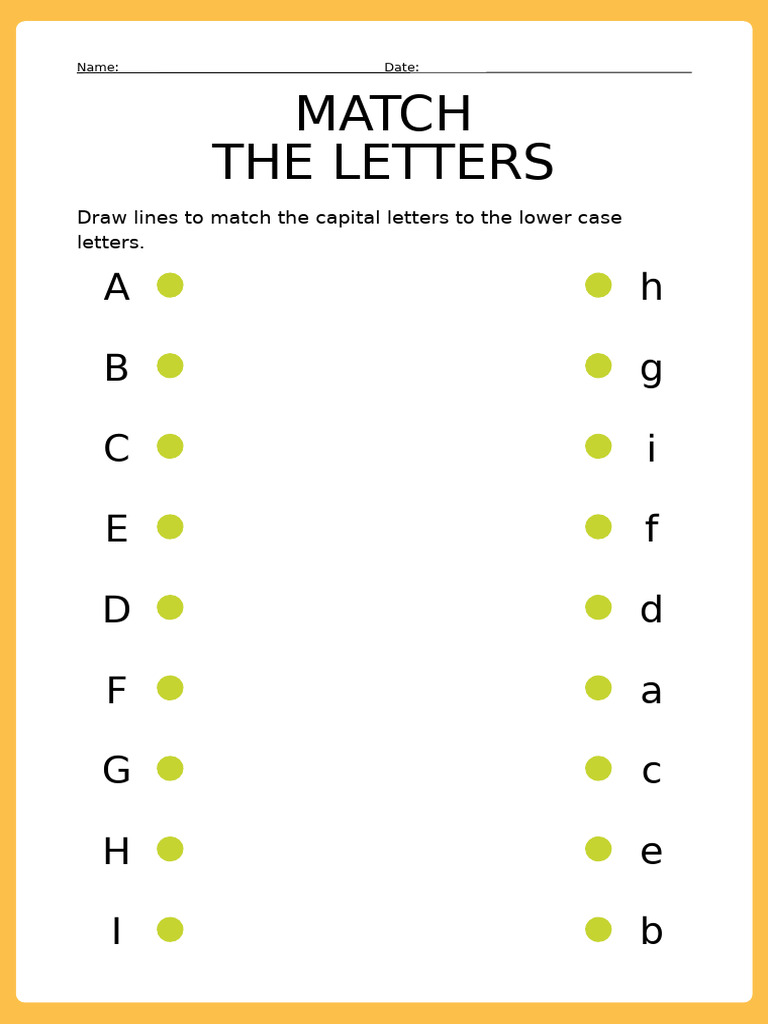 Match The Letters Worksheet in Yellow and Green Simple Educational ...
