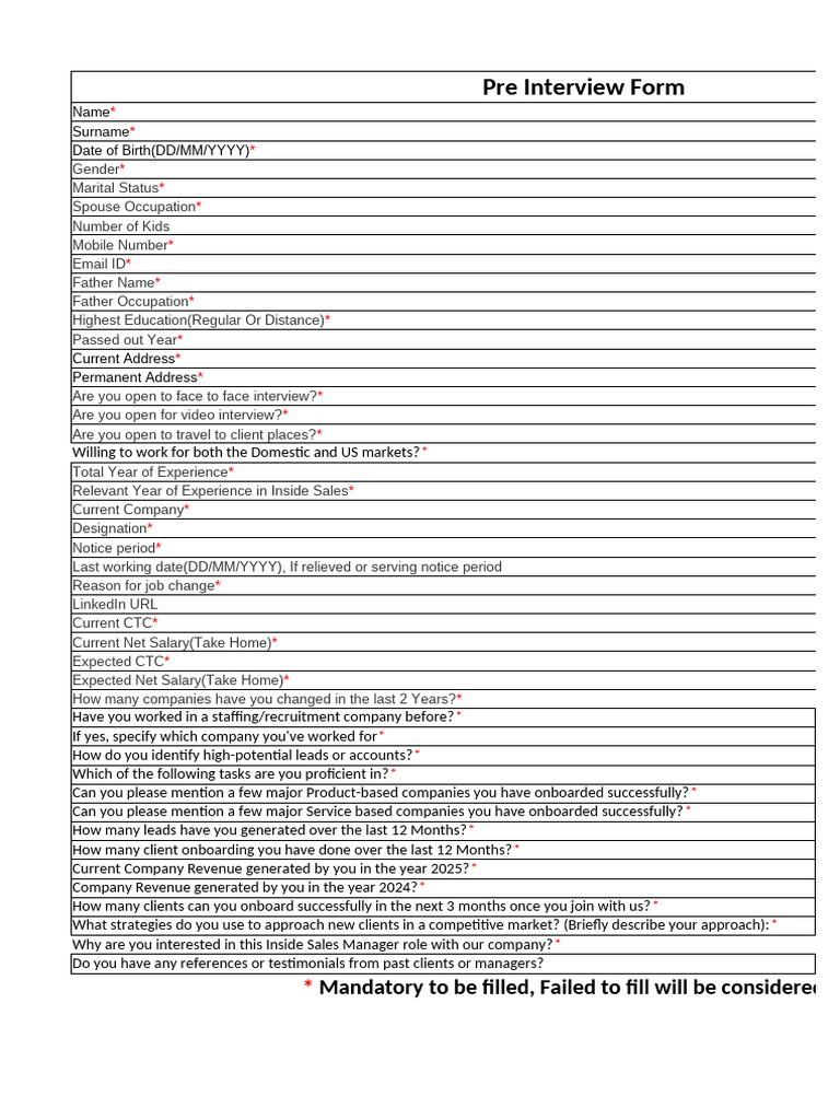 Inside Sales Director Application Form | PDF