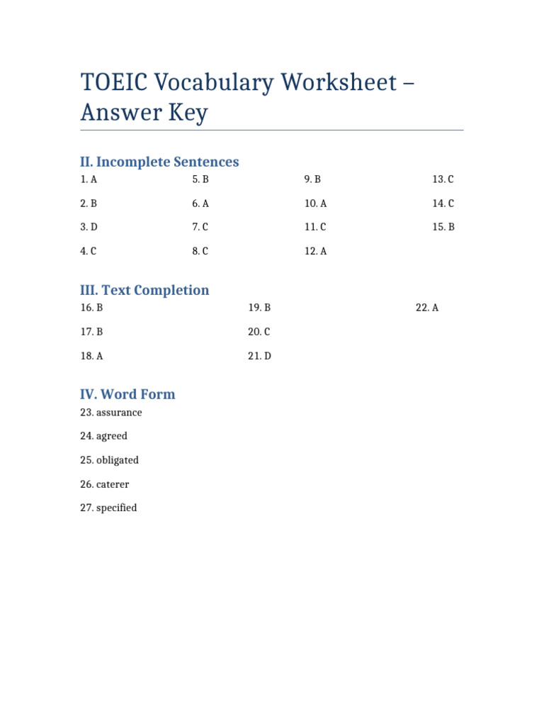 TOEIC Vocabulary Answer Key | PDF