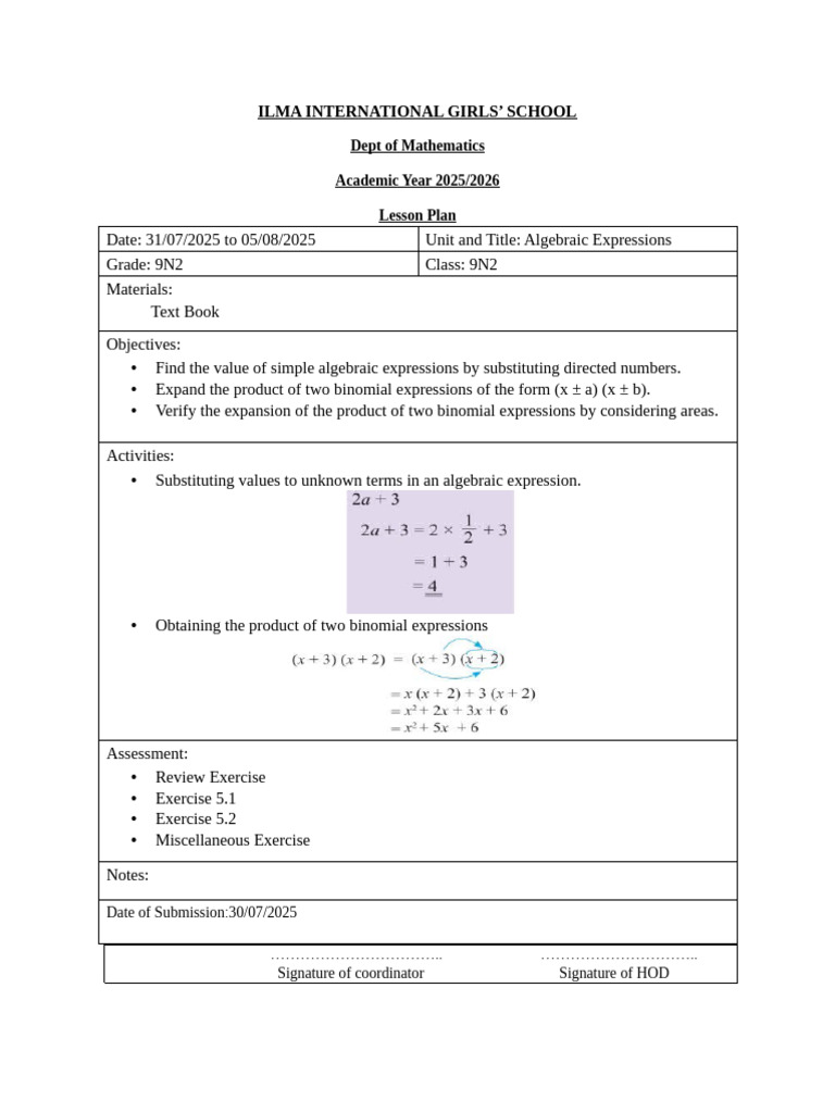 Grade 9 Algebraic Expressions Lesson Plan | PDF