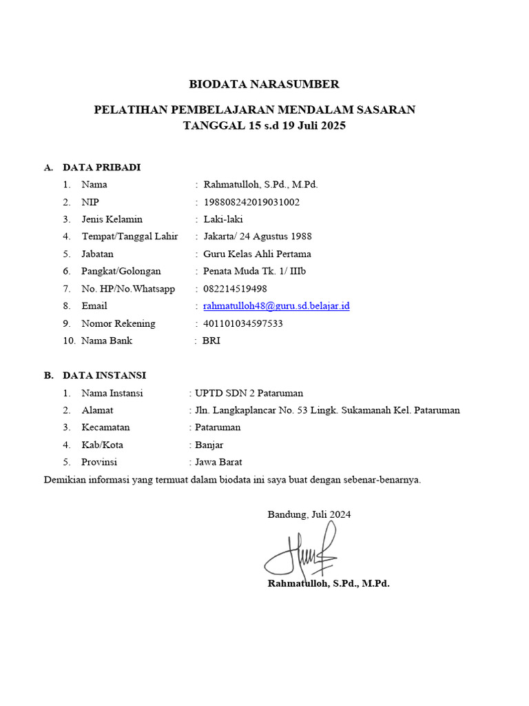 Biodata Narasumber Rahmatulloh | PDF