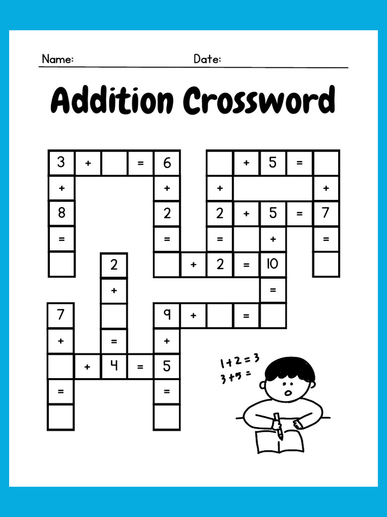 Addition Crossword Puzzle Worksheet in Blue Illustrative Style | PDF