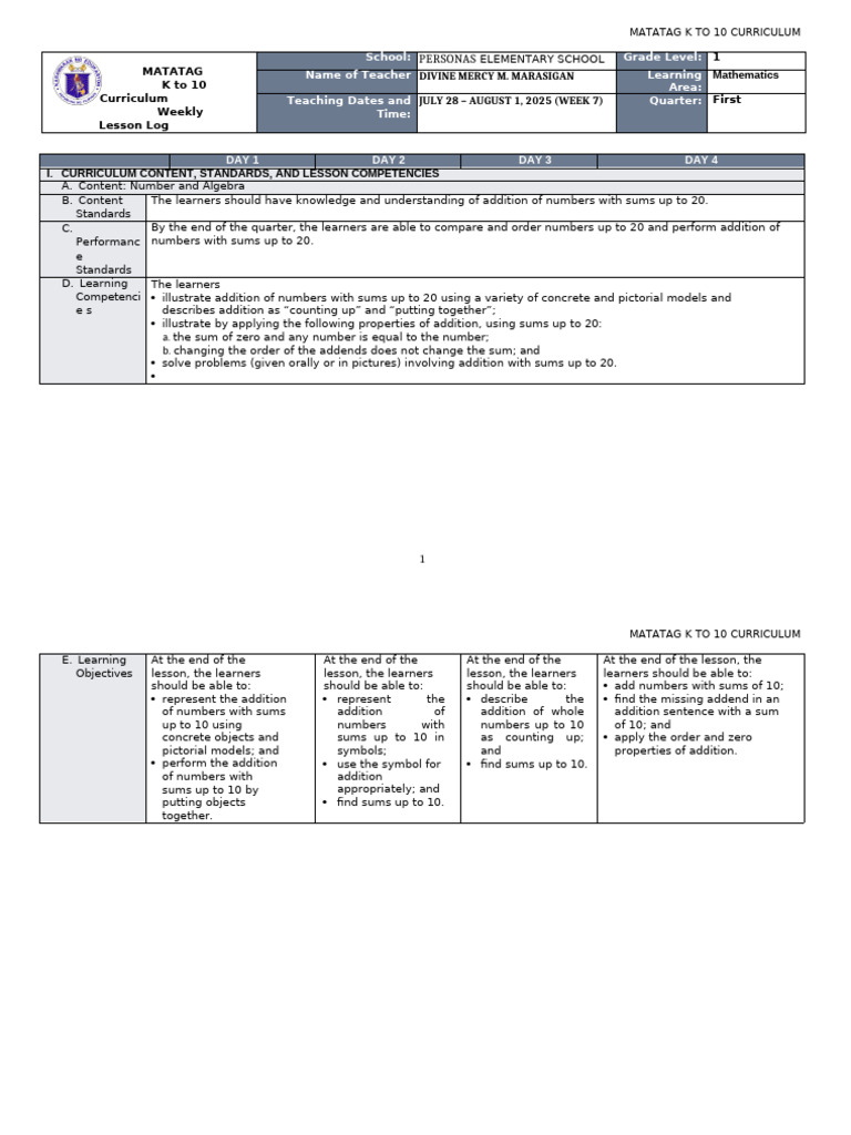 DLL Matatag Mathematics 1 q1 w7 | PDF | Curriculum | Mathematics