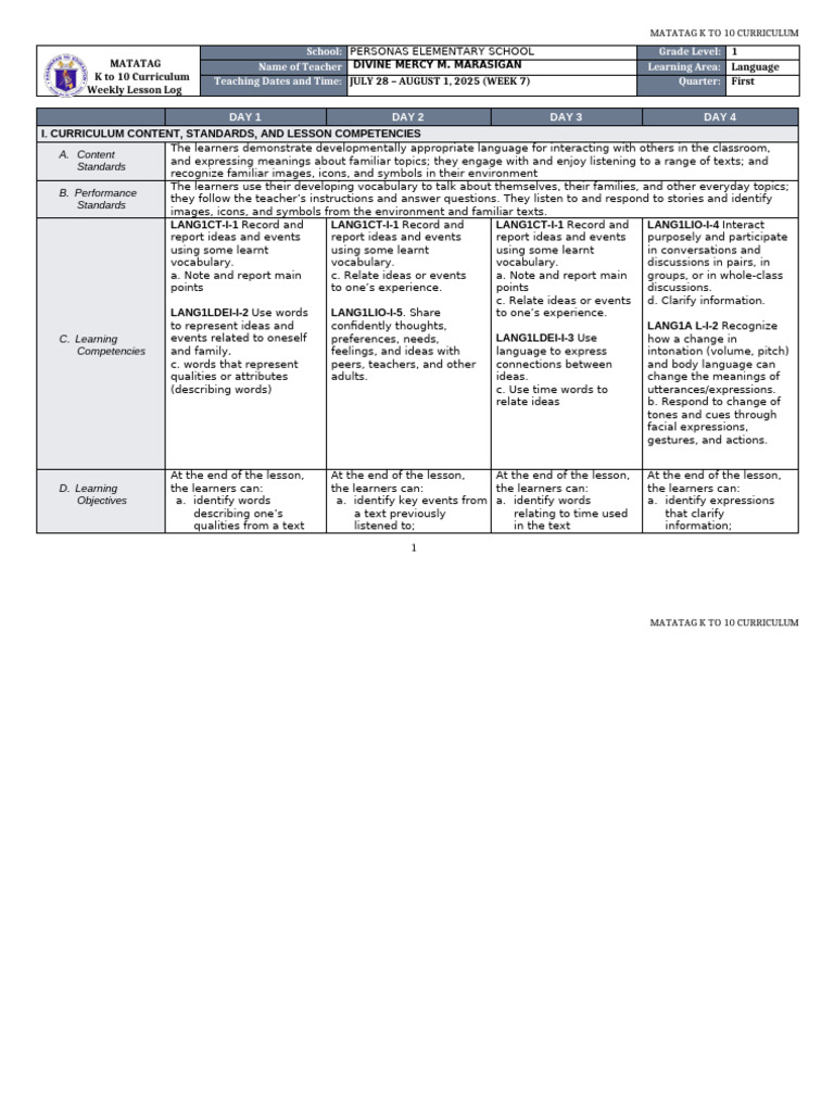 DLL Matatag Language 1 q1 w7 | PDF | Vocabulary | Curriculum