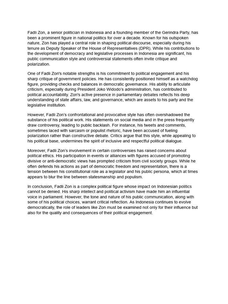 A Critique of Fadli Zon's Political Role and Public Person | PDF | Populism | Government