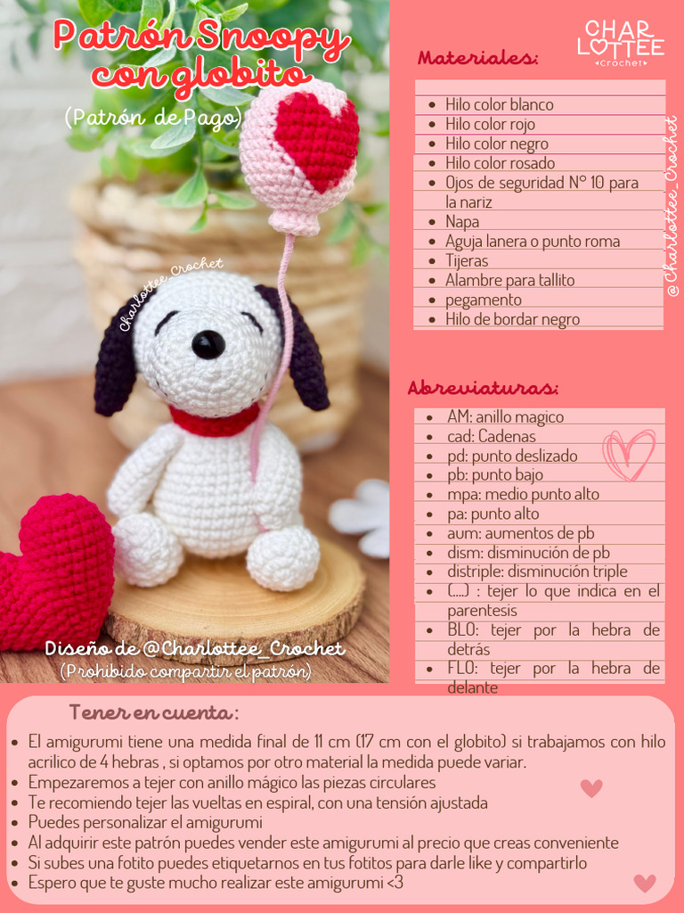 Patrón Amigurumi Snoopy con Globo | PDF | Amigurumi | Costura