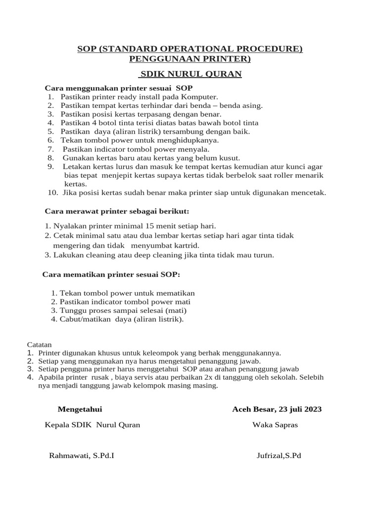 Cara Mematikan Printer Sesuai SOP | PDF