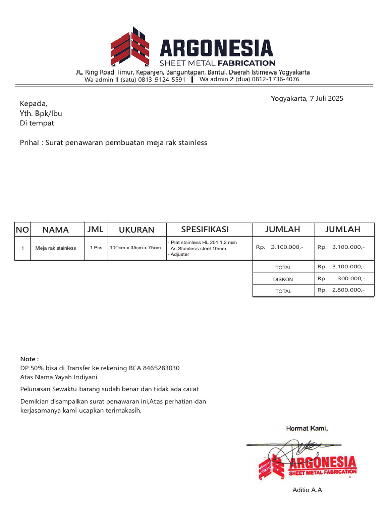 Surat Penawaran Meja Rak Stainless | PDF